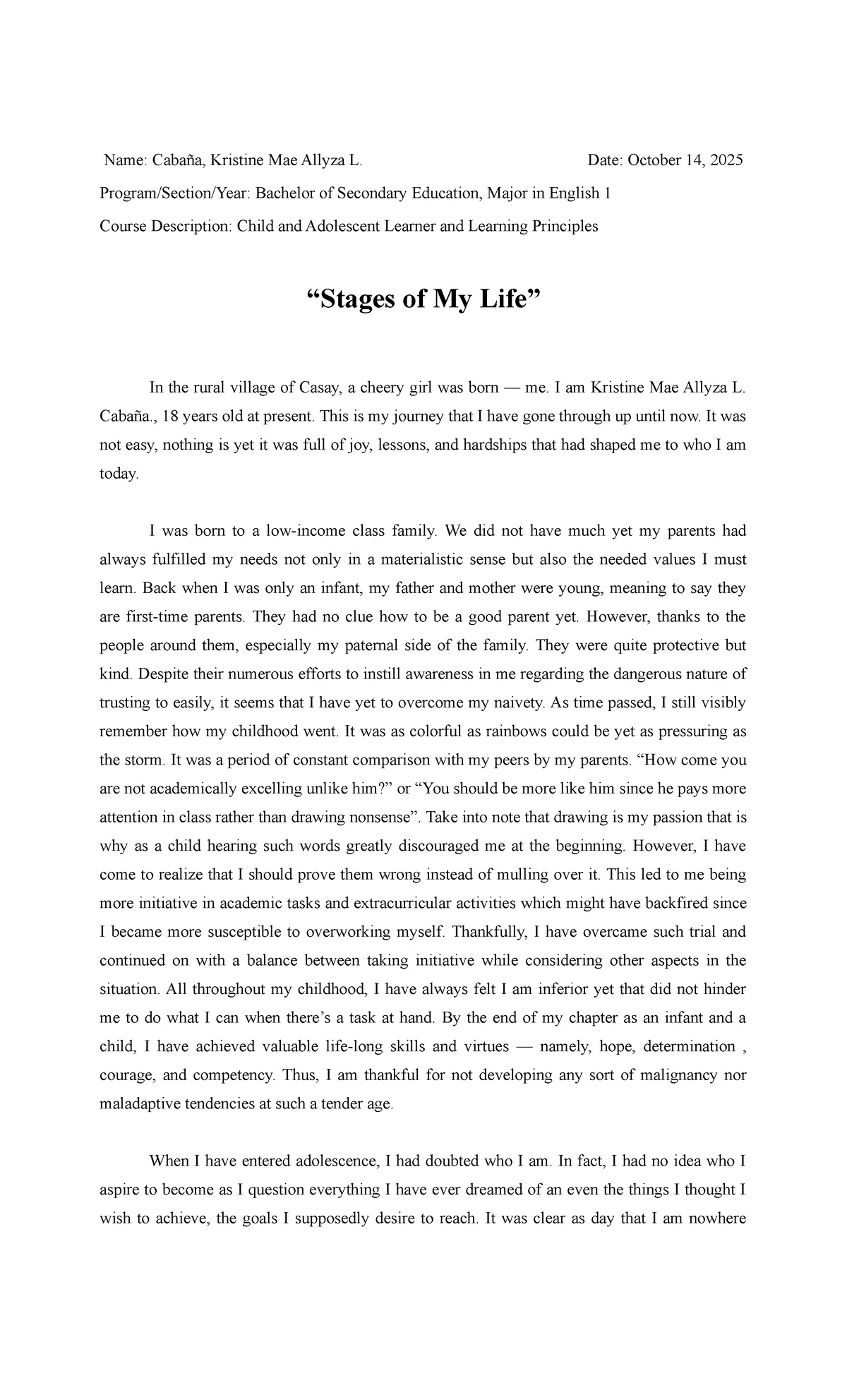 BSE 1: Personal Narrative Essay on Growth and Self-Discovery - Studocu