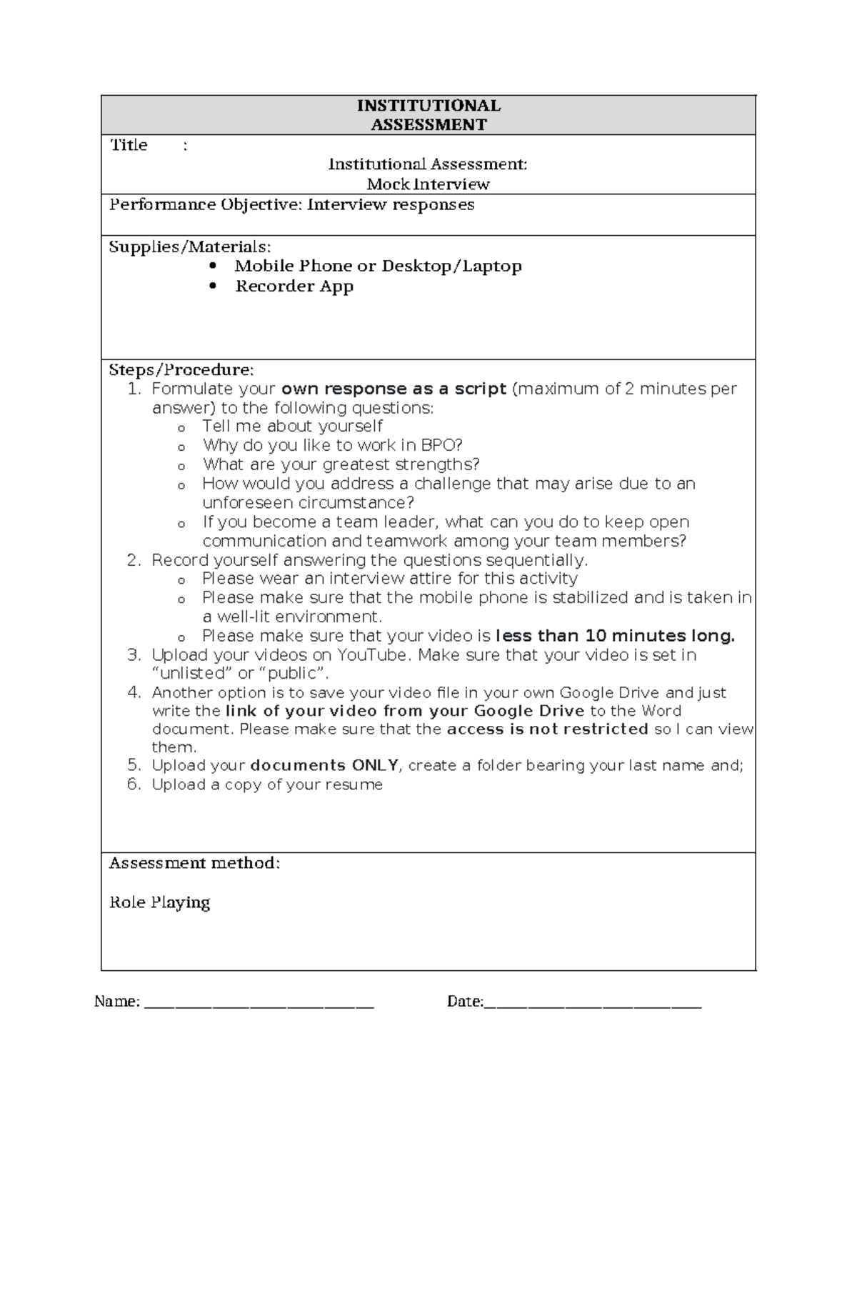 Mock Interview Performance Assessment: Institutional Assessment Guide ...