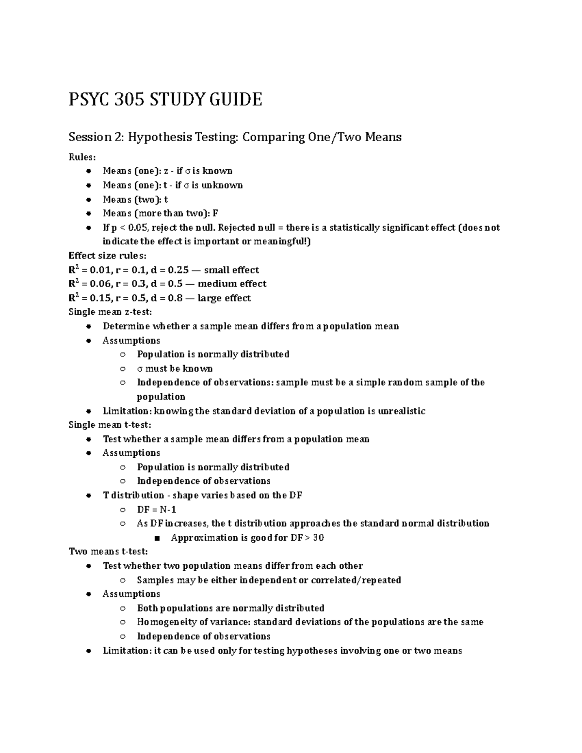 PSYC 305 Study Guide: Hypothesis Testing & ANOVA Sessions 2-6 - Studocu