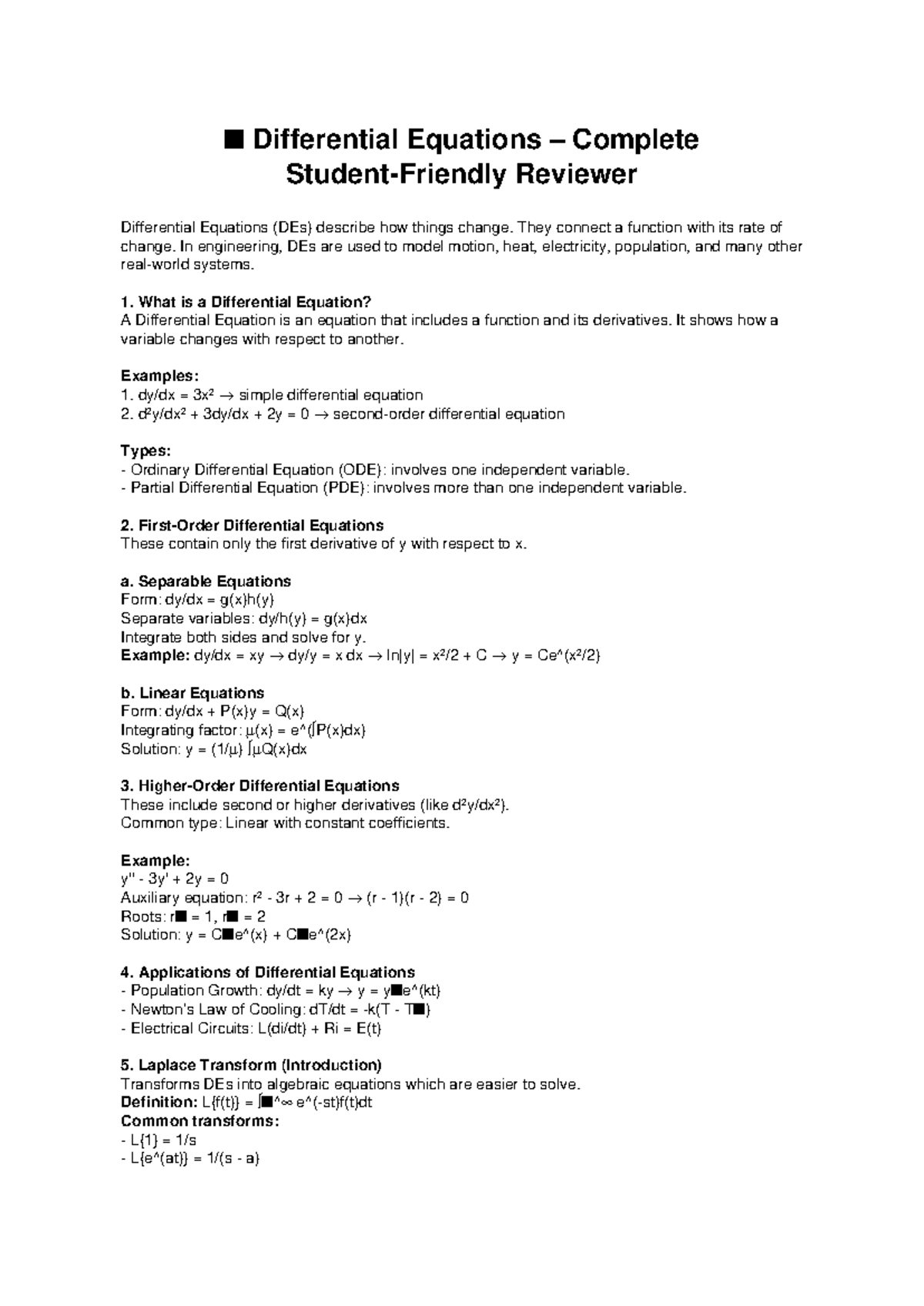 Differential Equations (DE) Complete Study Guide - Studocu