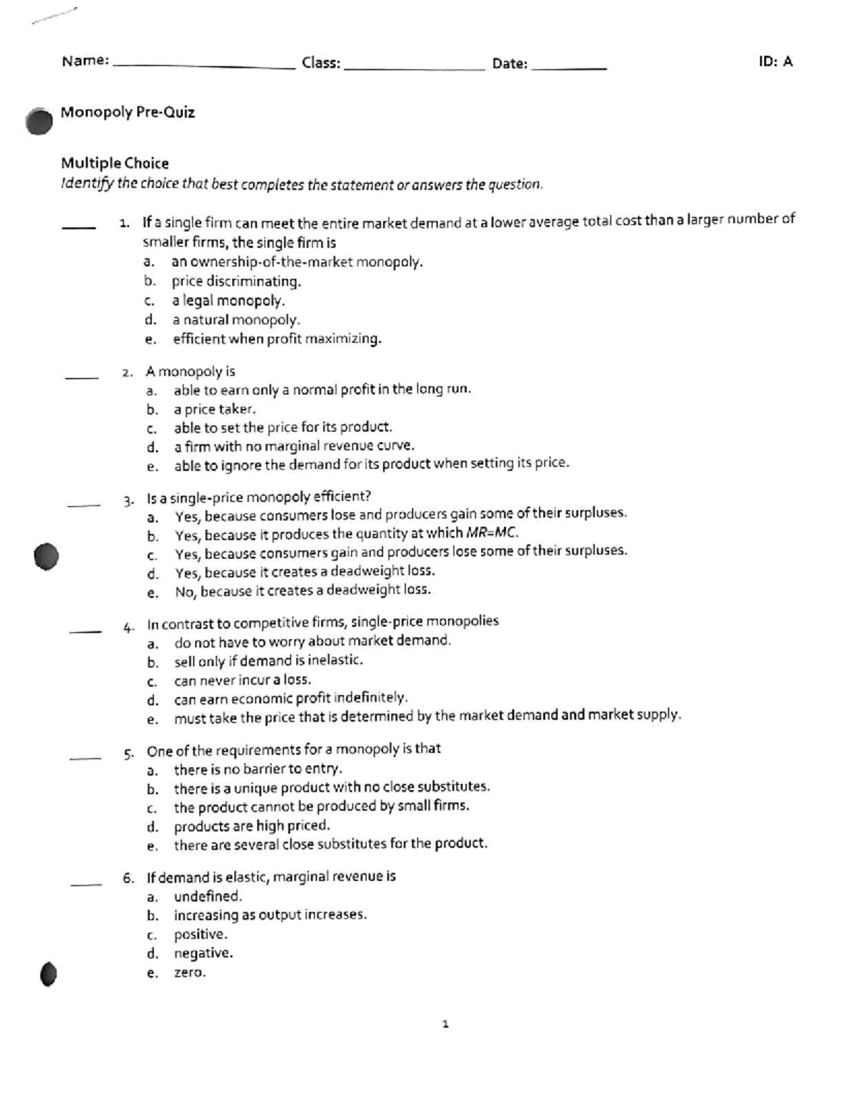 Monopoly Pre Quiz (ECO 101) - Multiple Choice Questions - Studocu