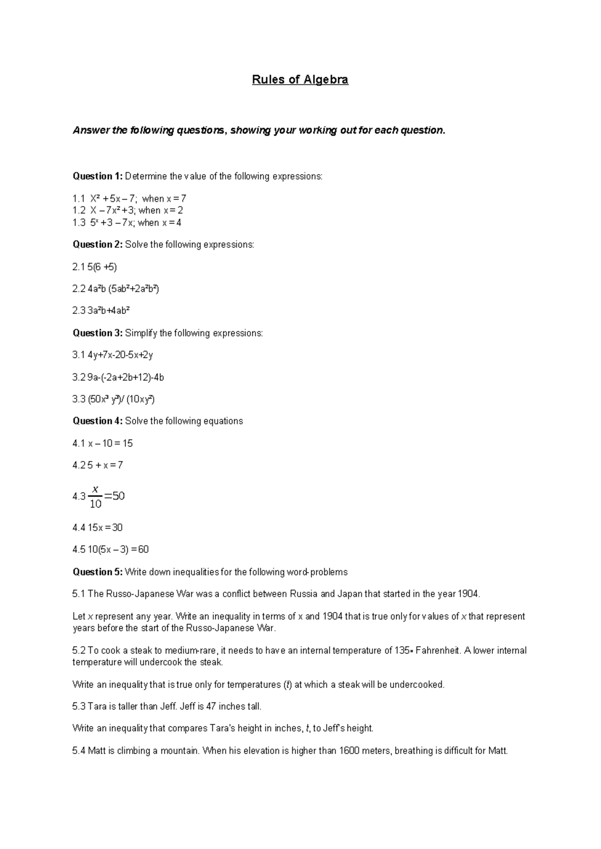 IQTT511 1 SB2 Algebra Rules & Expressions Practice - Studocu
