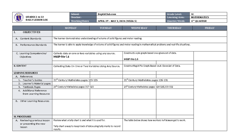 DLL Mathematics 6 Q4 W5: Daily Lesson Log on Data Collection & Graphs ...