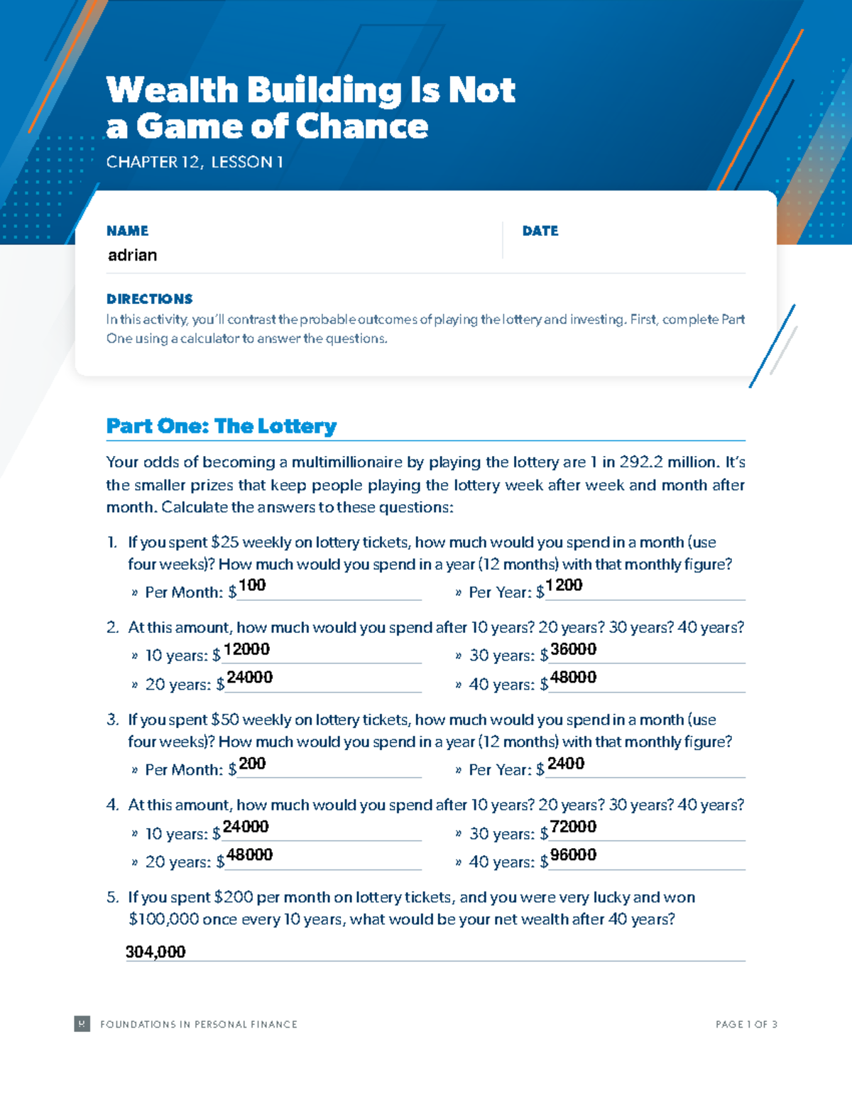 Wealth Building vs. Lottery: CH12, Lesson 1 Analysis and Calculations ...