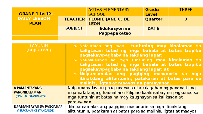 COT-ESP Daily Lesson Plan for Grade 3 - Quarter 3 - Studocu