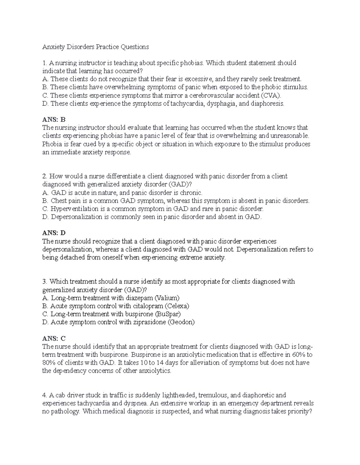 Anxiety Disorders Practice Questions and Answers Key - Studocu