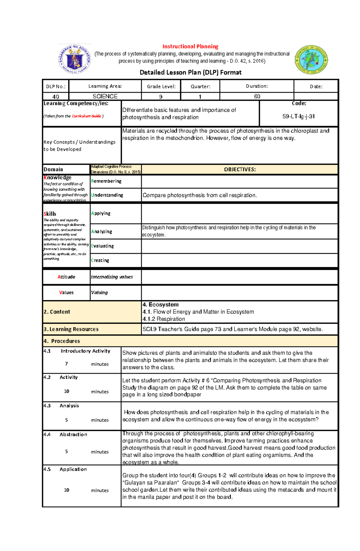 Grade 9 - 1st Quarter - Detailed Lesson Plan on Photosynthesis ...