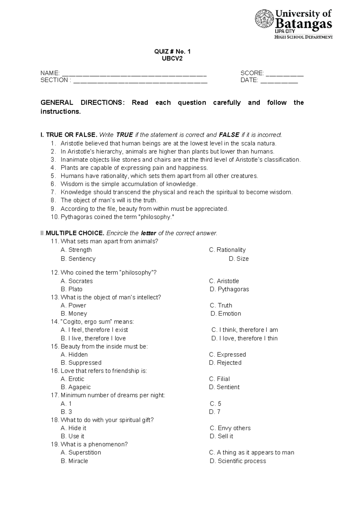 UBCV2 - Quiz #1: True/False & Multiple Choice Questions - Studocu