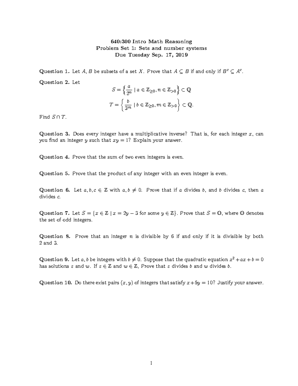 Hw300 set1 - Homework - Problem Set 1: Sets and number systems640:300 ...