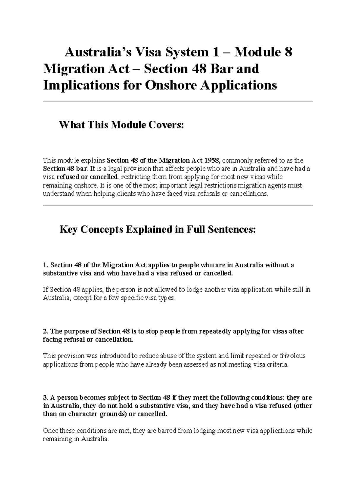 Module 8: Migration Act Section 48 Bar & Onshore Application ...
