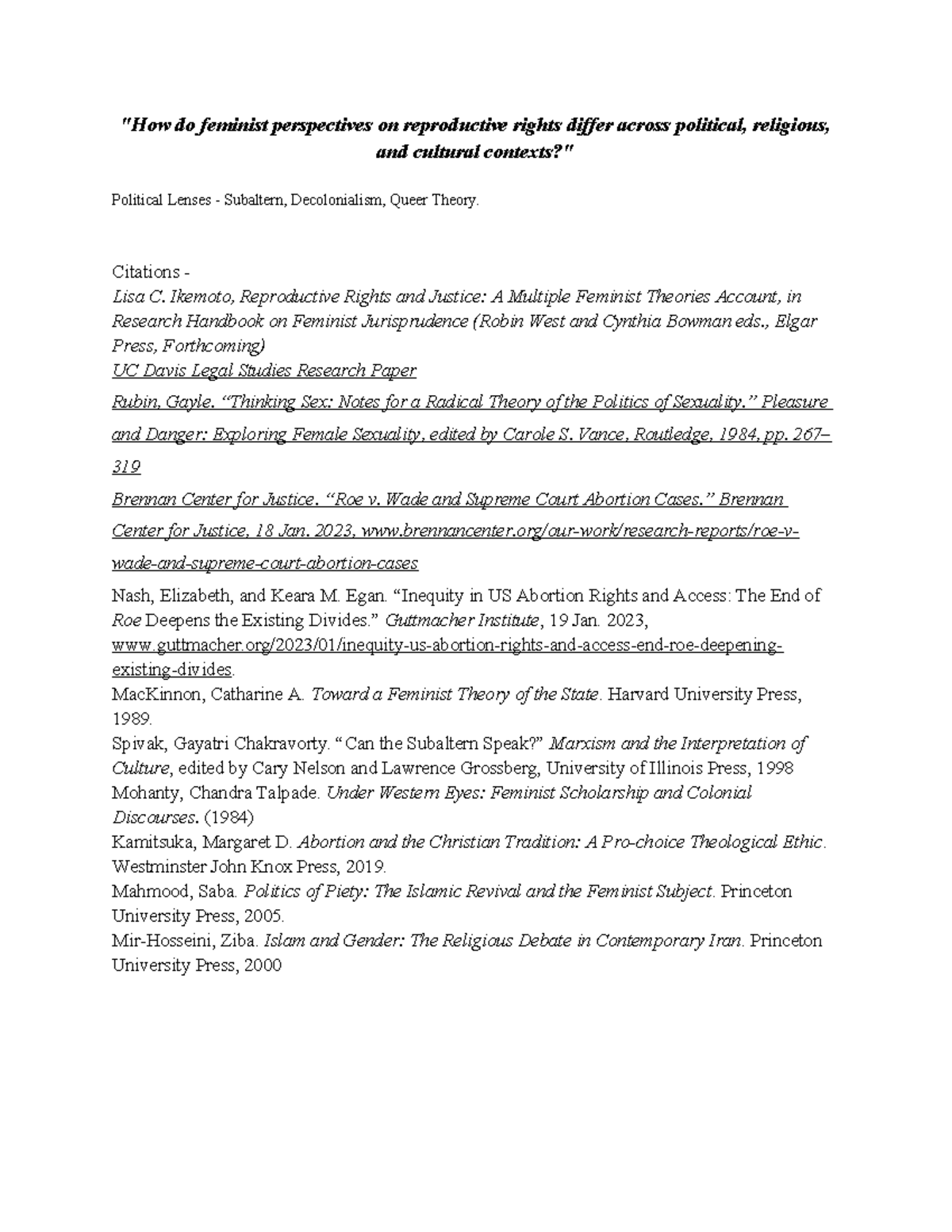 CGP Research Essay: Diverse Feminist Perspectives on Reproductive ...