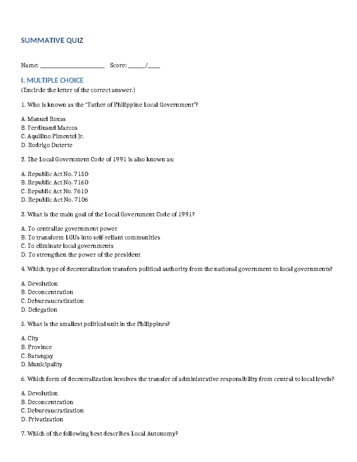 SUMMATIVE QUIZ: Decentralization in Local Governance - Studocu