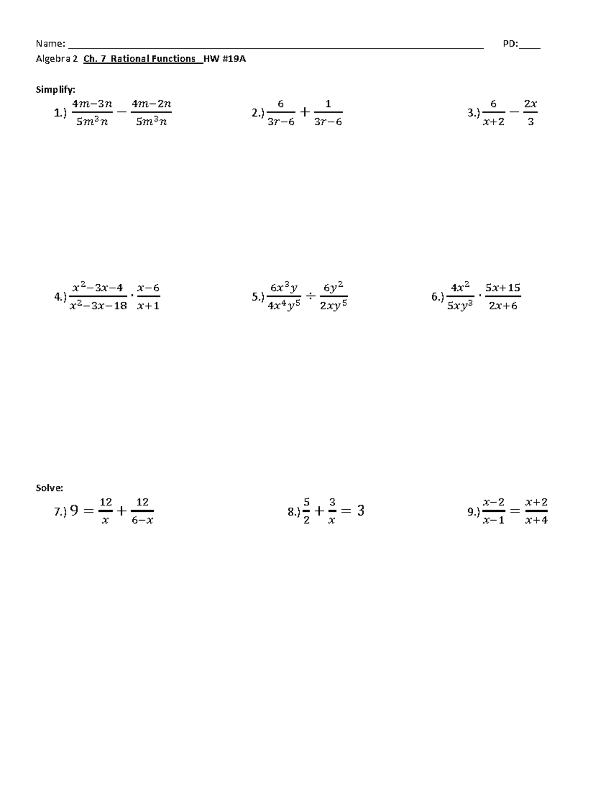 Algebra 2 Ch. 7 Rational Functions HW Study Guide #19A - Studocu