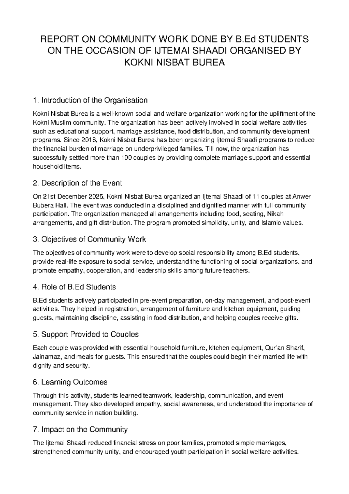 Community Work Report: Ijtemai Shaadi by B.Ed Students - Studocu