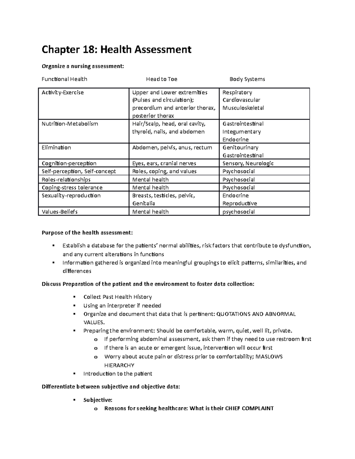 Chapter 18 notes - Chapter 18: Health Assessment Organize a nursing ...