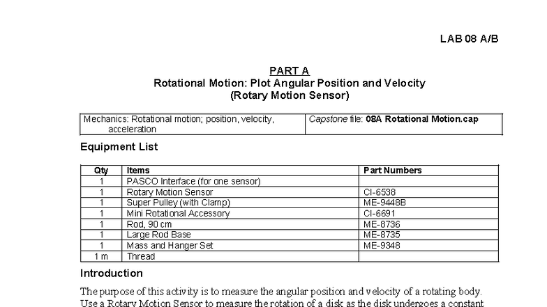08AB Rotational Motion & Inertia Lab: Angular Position & Velocity ...