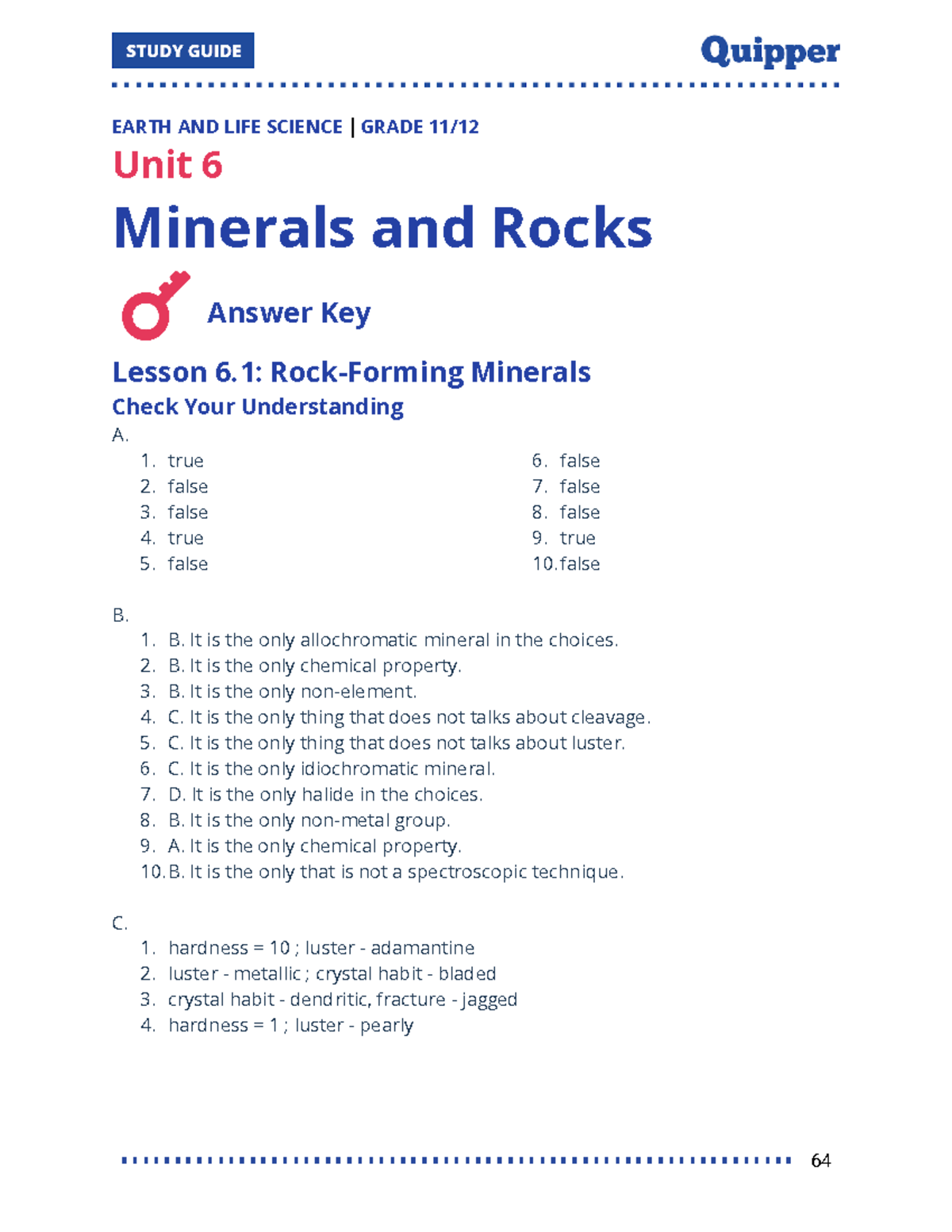 06. ELS SHS Unit 6: Minerals and Rocks (Answer Key & Insights) - Studocu