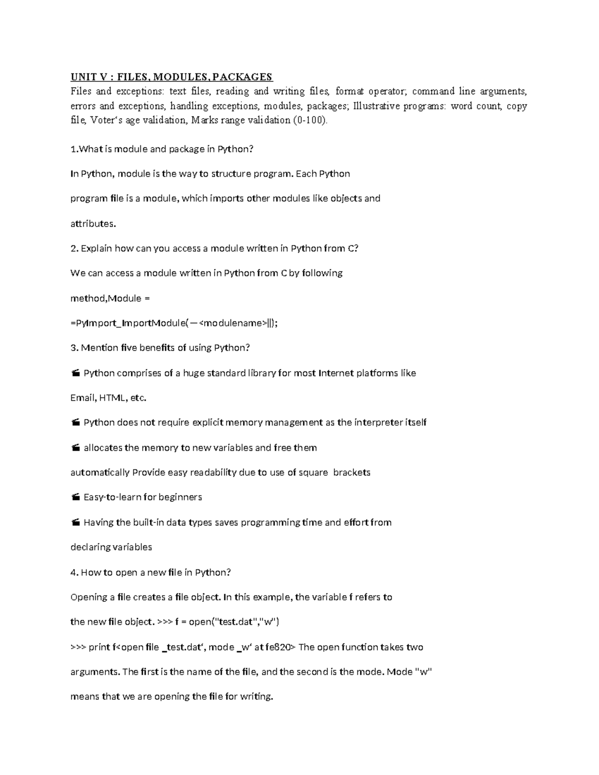 UNIT 5: FILES, MODULES, PACKAGES - Study Notes and Q&A - Studocu
