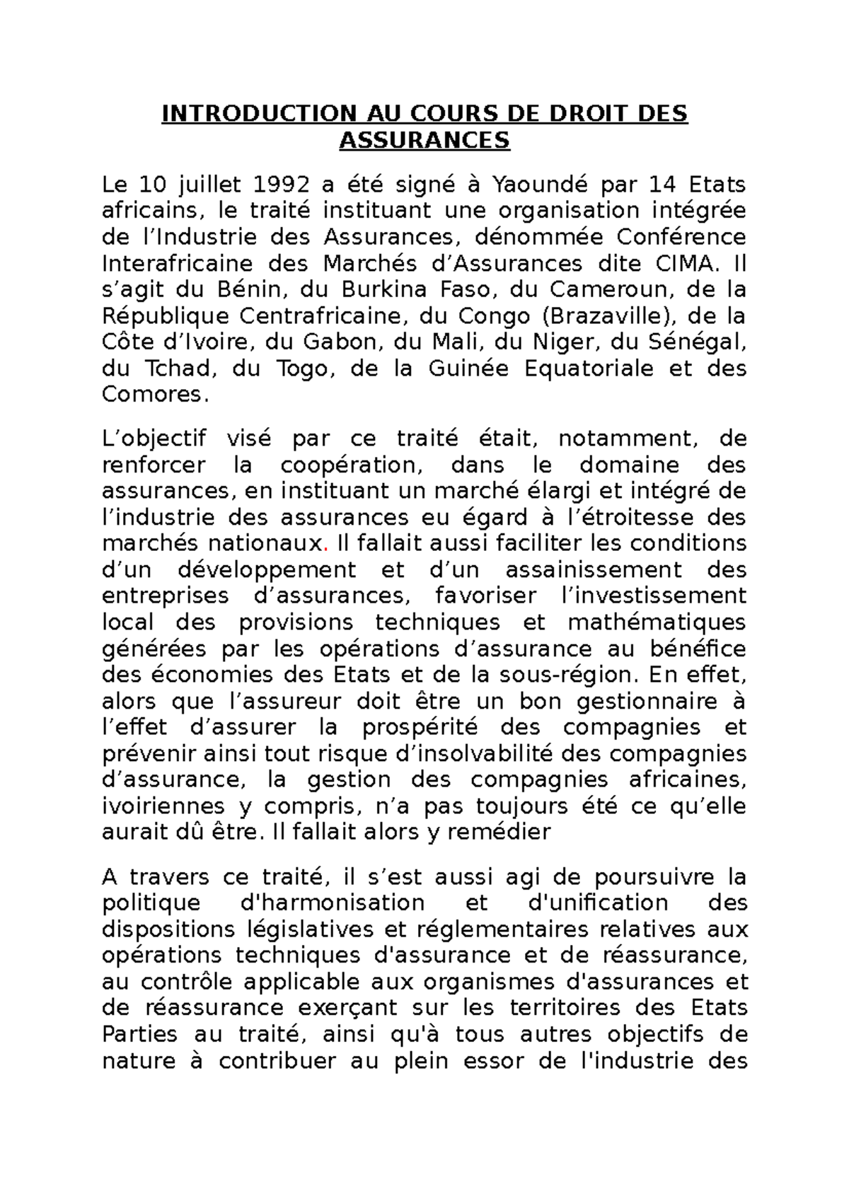 Cours de Droit des Assurances - Introduction et Principes Fondamentaux ...