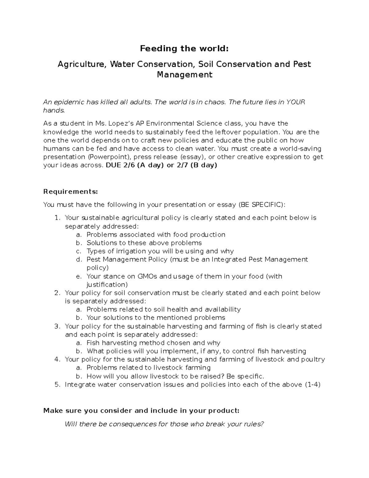AP Environmental Science: Feeding the World Project Guidelines - Studocu