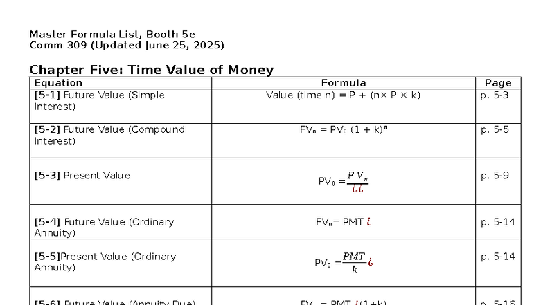 Formula sheet COMM 309 F2025 - Master Formula List, Booth 5e Comm 309 ...