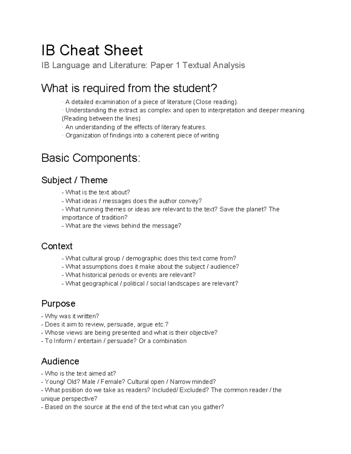 IB English Exam Guide: Paper 1 Textual Analysis Cheat Sheet - Studocu
