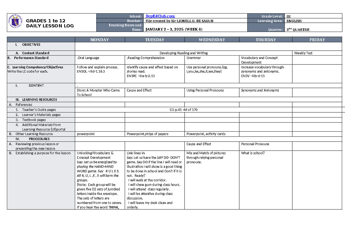 DLL English 3 Q3 W4 - Dll - GRADES 1 to 12 DAILY LESSON LOG School ...