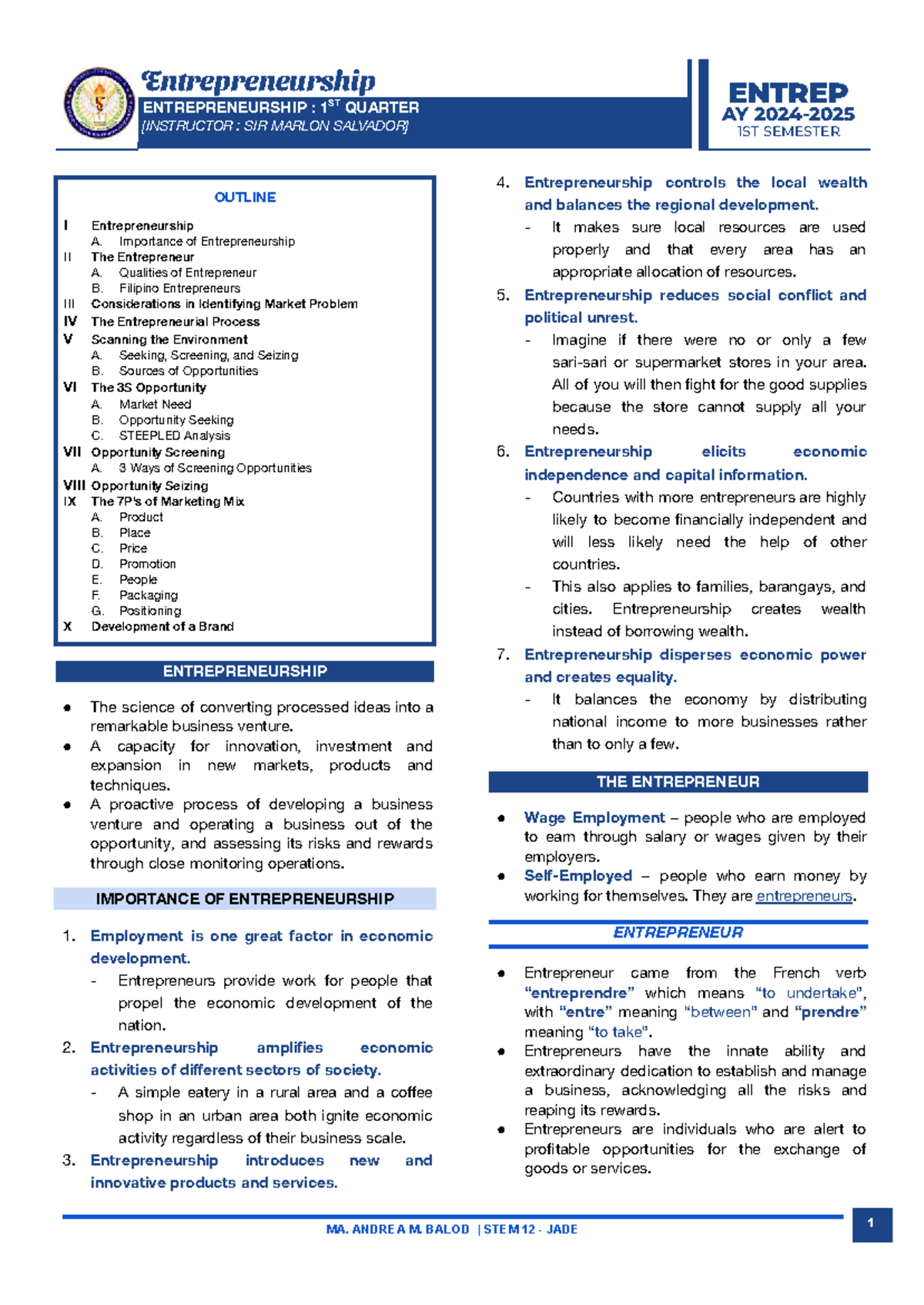 ENTREP 1ST QUARTER REVIEWER: ENTREPRENEURSHIP OUTLINE & KEY CONCEPTS ...