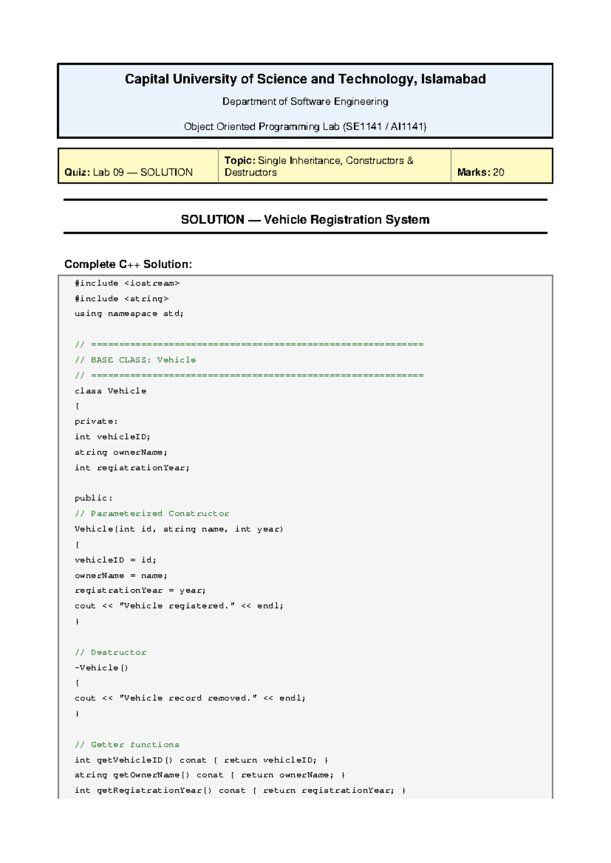 Lab 09 Quiz Solution (SE1141 AI1141): Single Inheritance & Vehicle ...