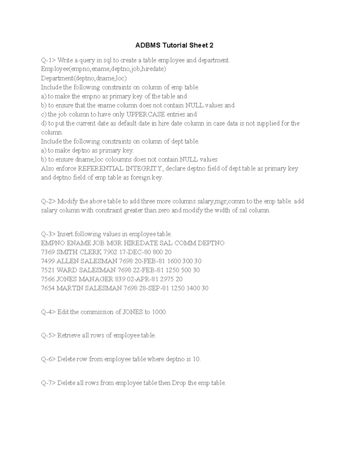 ADBMS Tutorial Sheet 2: SQL Table Creation & Constraints - Studocu