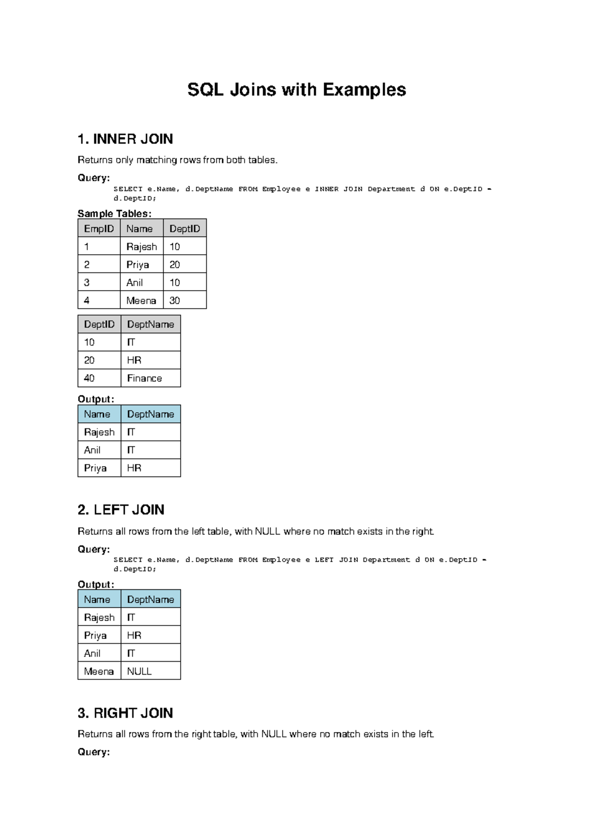 SQL Joins Explained with Examples - CS101 Lecture Notes - Studocu