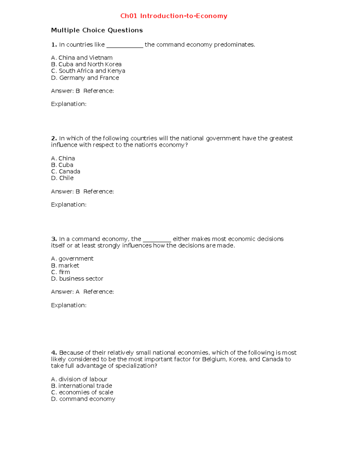 CH 1: Intro to Economy - MCQ & Essay Questions Guide - Studocu