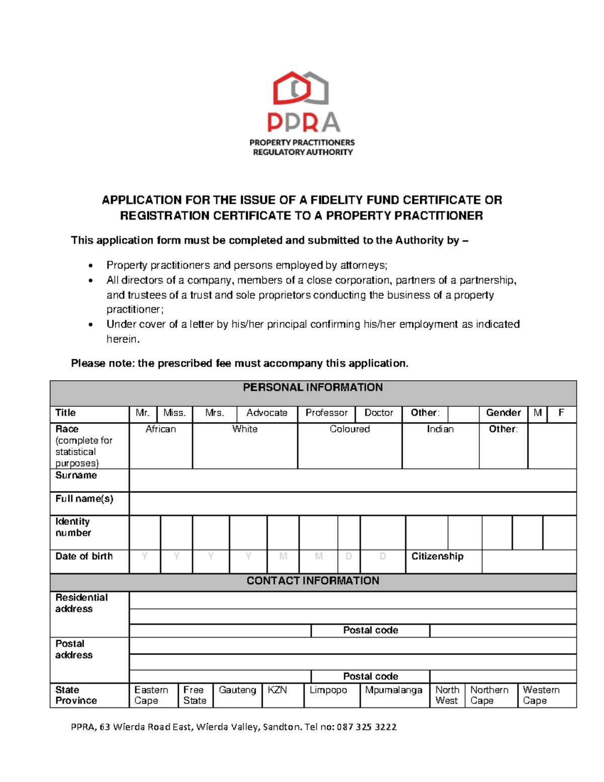 Application for Fidelity Fund Certificate: Property Practitioners Guide ...