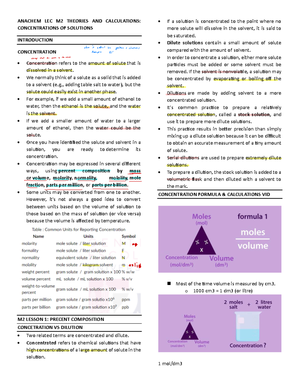 Anachem LEC M2 Lesson Notes: Concentrations, Molarity & Dilutions - Studocu
