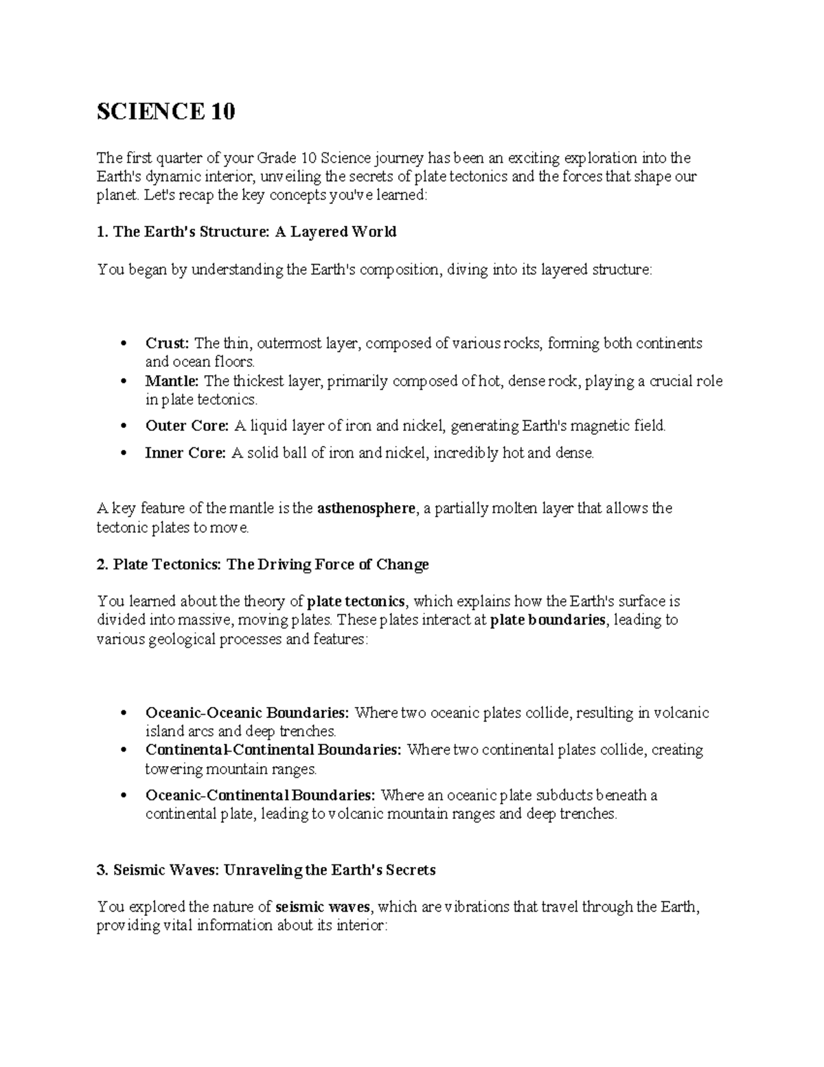 Grade 10 Science: Key Concepts of Earth's Interior & Plate Tectonics ...