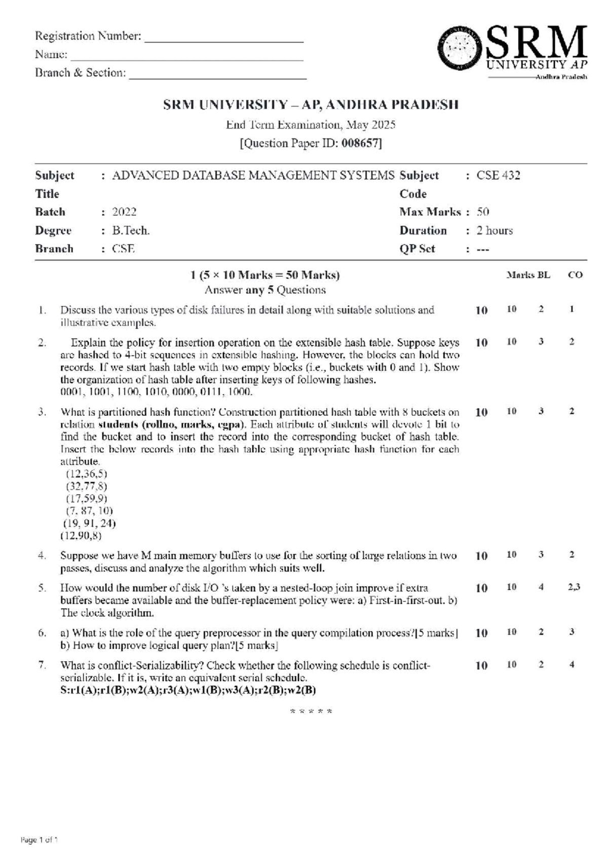 CSE 432 Advanced Database Management Systems End Term Exam May 2025 ...