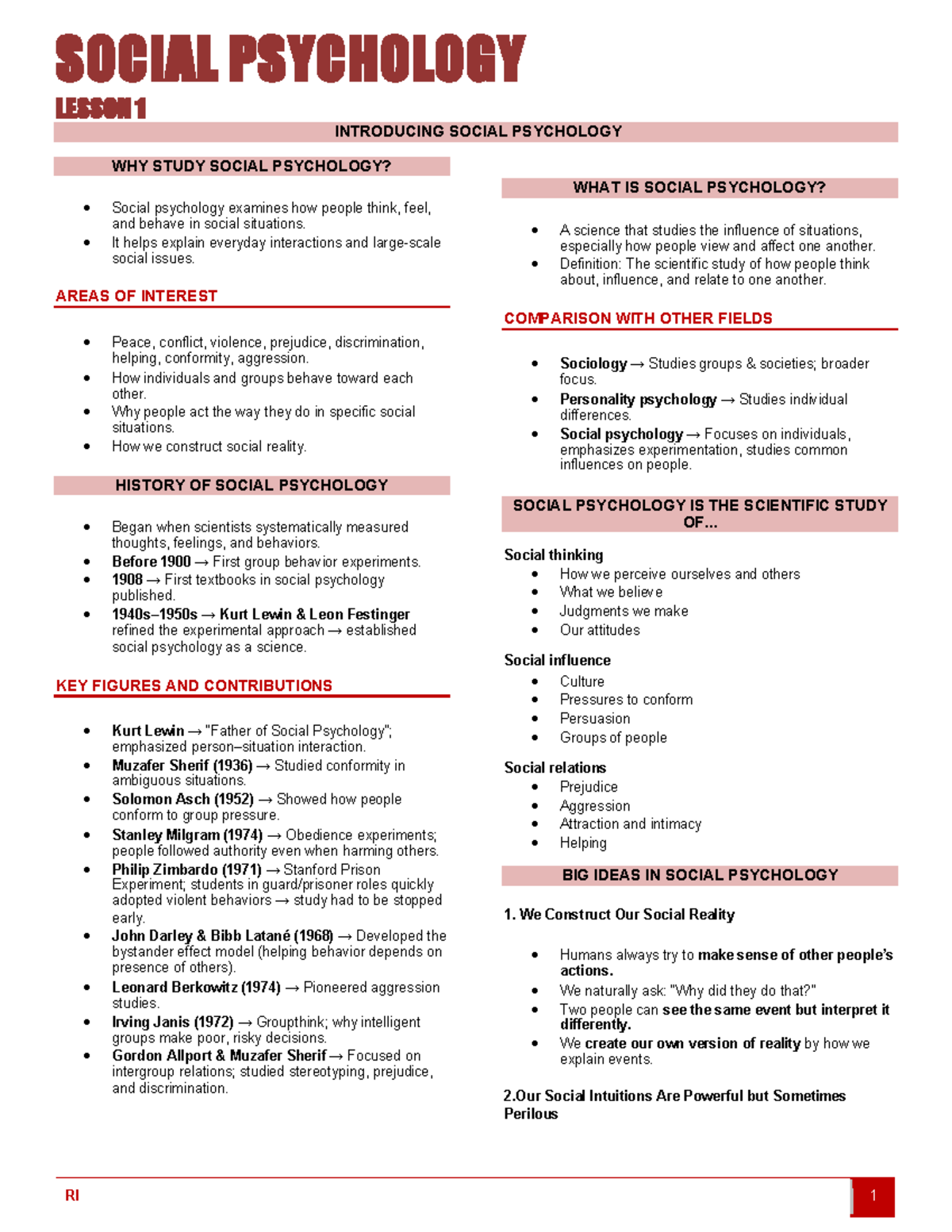 SOCIAL PSYCHOLOGY LESSON 1: INTRODUCTION & KEY CONCEPTS - Studocu
