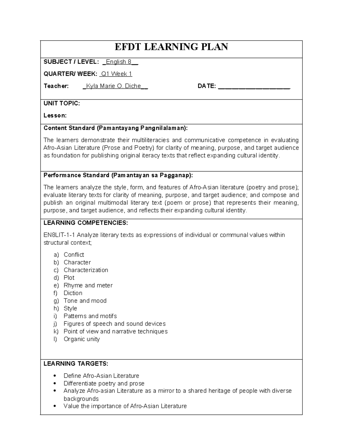 Q1 W1 EFDT ENG 8 - Learning Plan on Afro-Asian Literature Analysis ...