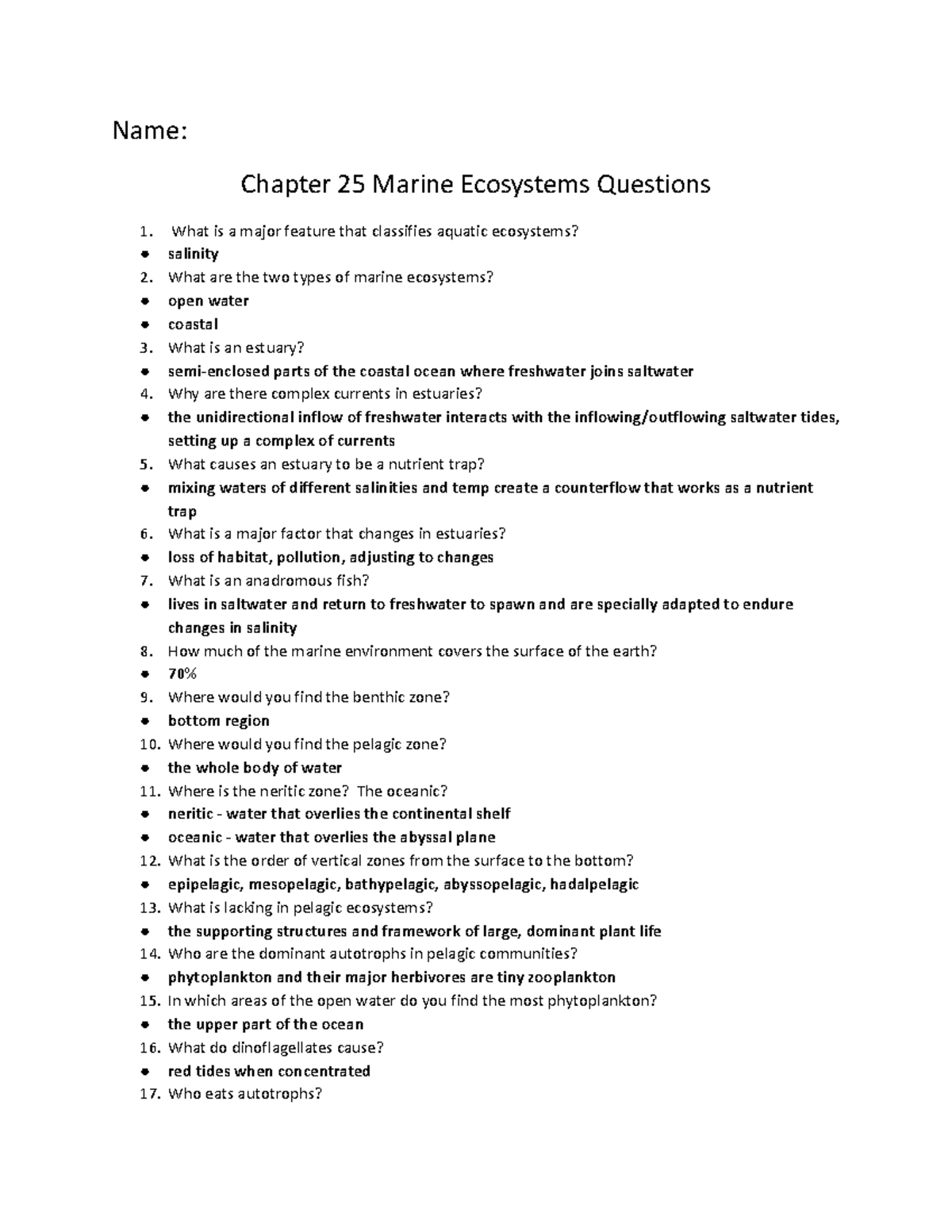 Ecology chapter 25 Questions - Name: Chapter 25 Marine Ecosystems ...