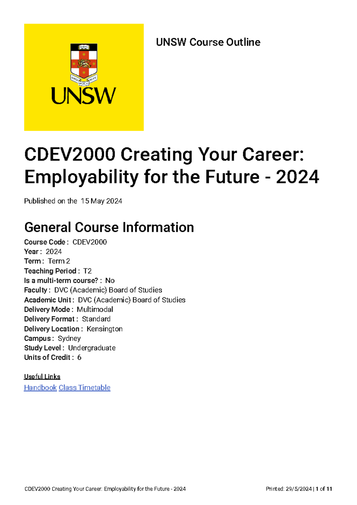 CDEV2000 T2 2024 Course Outline: Creating Your Career Overview - Studocu