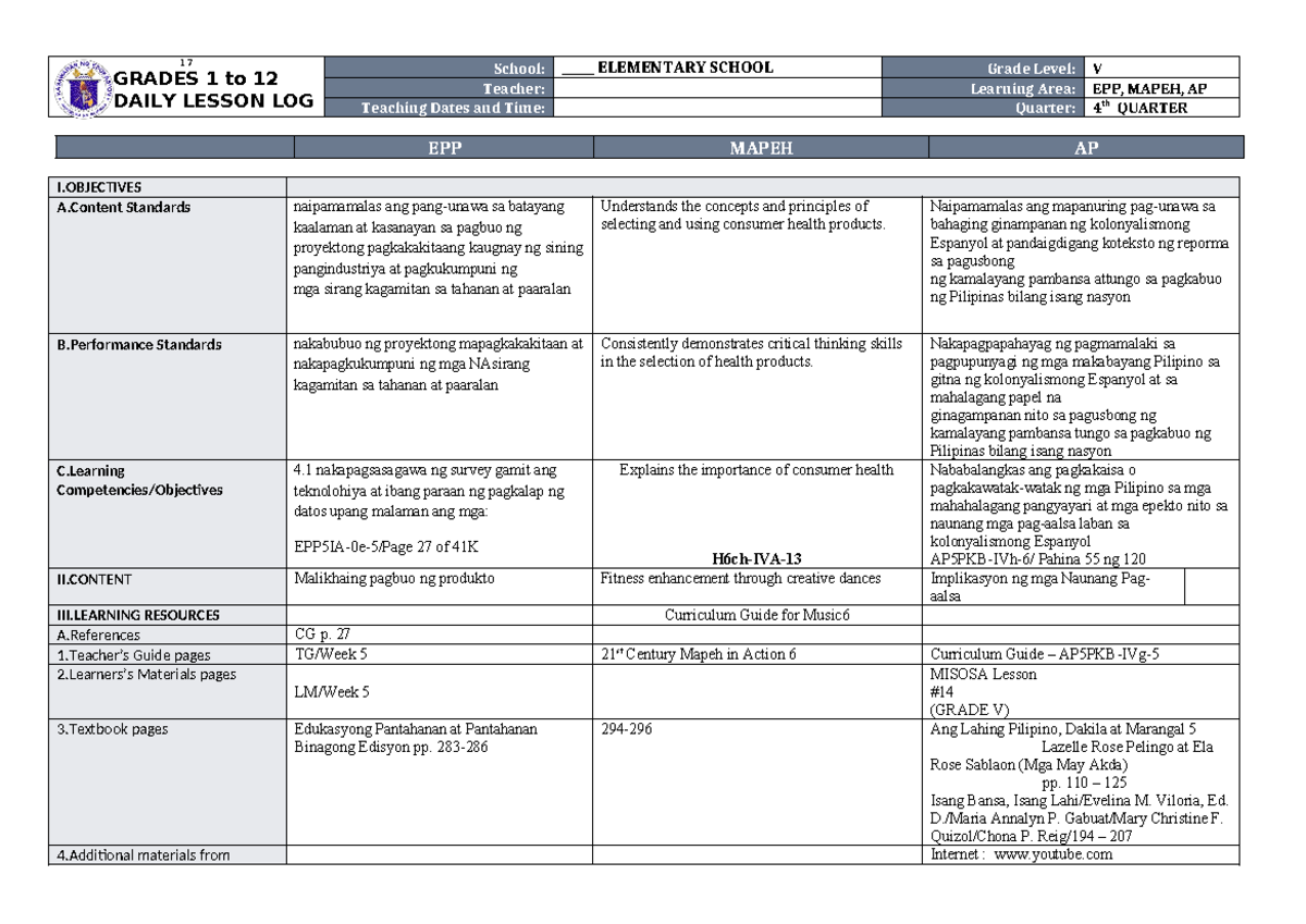 Daily Lesson Plan for EPP, MAPEH, and AP - Grade 5 - Studocu