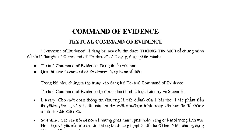[BUỔI 1 - LÝ THUYẾT] Textual Command of Evidence Overview - Studocu