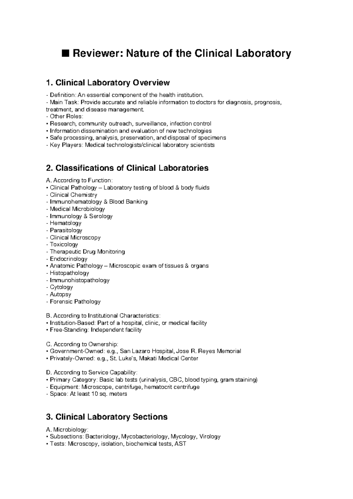 Clinical Laboratory Overview: Key Concepts & Classifications - Studocu