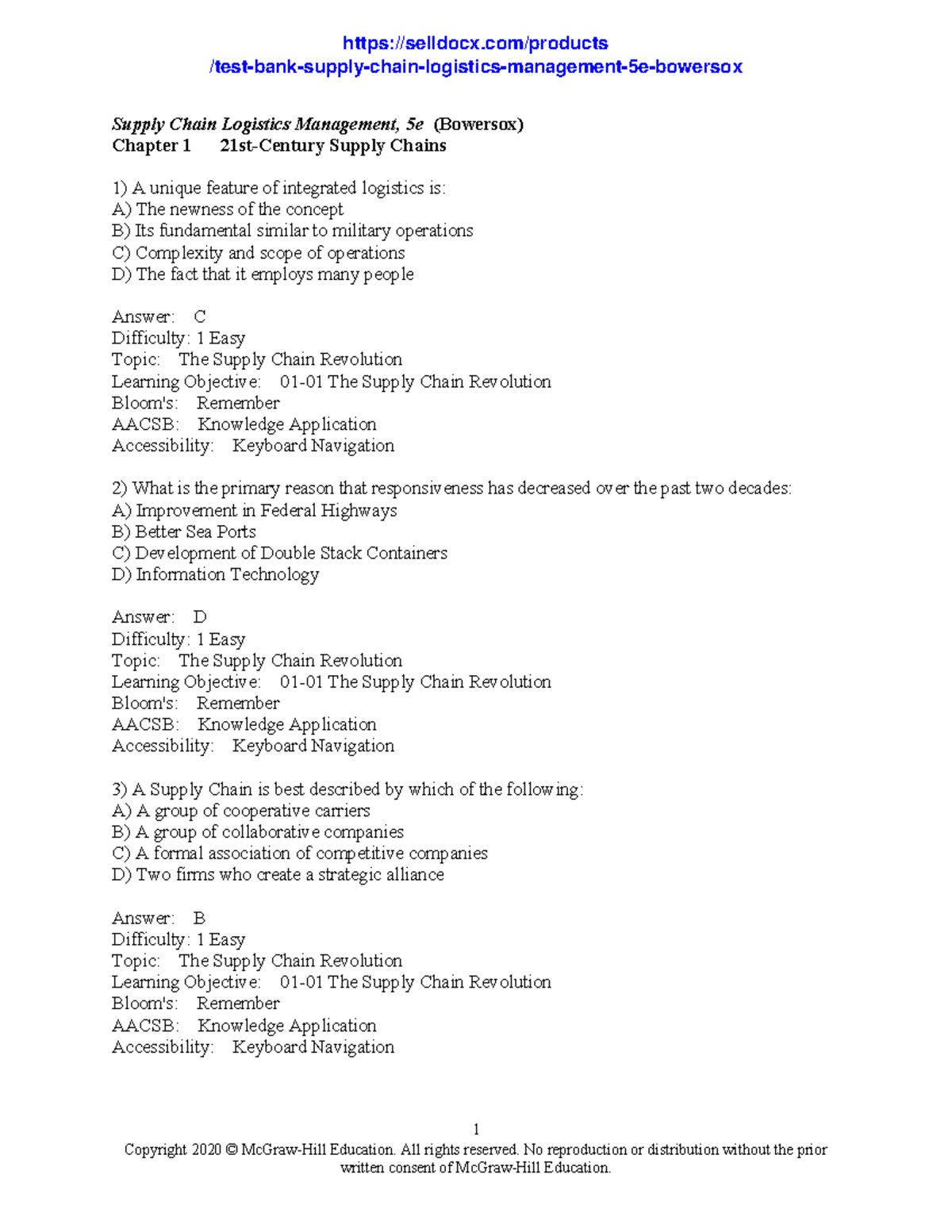 Test Bank: Supply Chain Logistics Management 5e (Bowersox) Chapter 1 ...