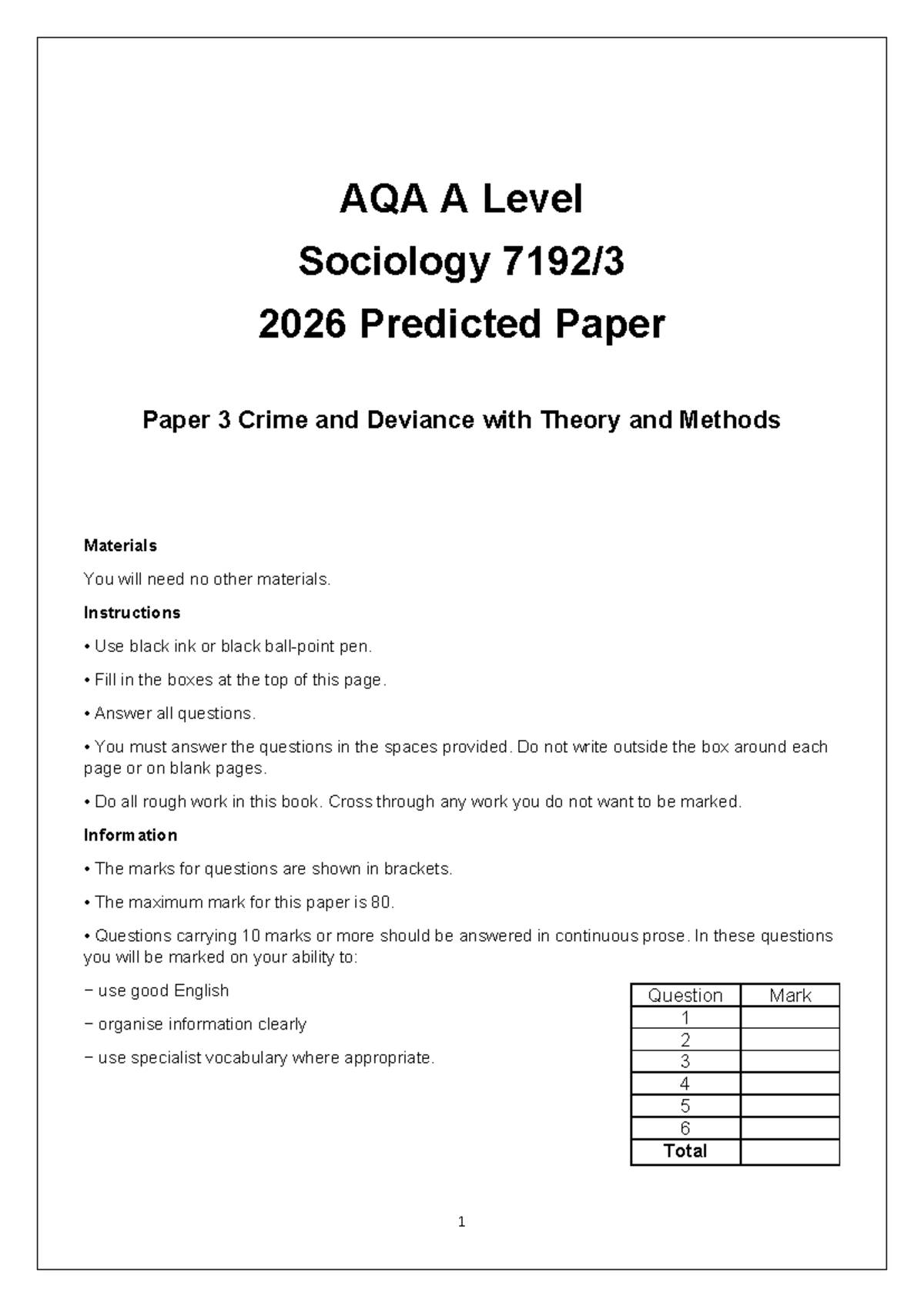 AQA A Level Sociology 2026 Paper 3 Predicted: Crime & Deviance Insights ...