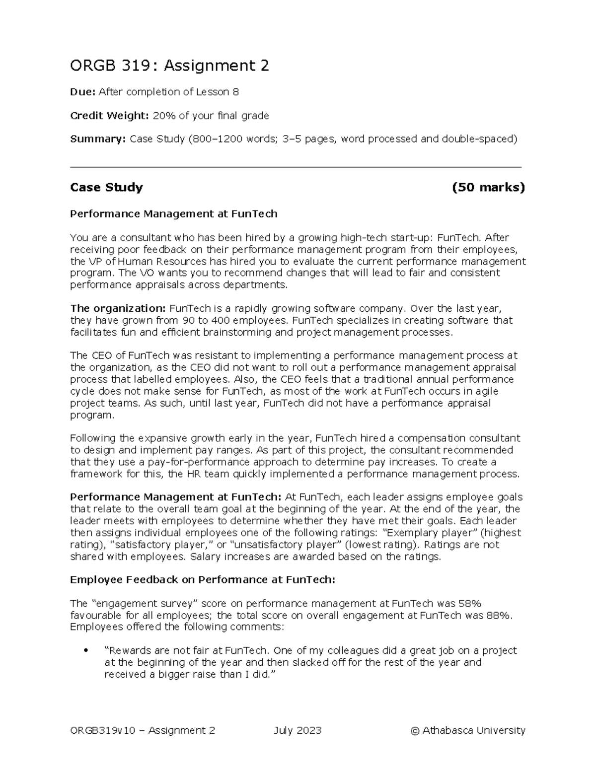ORGB 319: Case Study on Performance Management at FunTech - Studocu