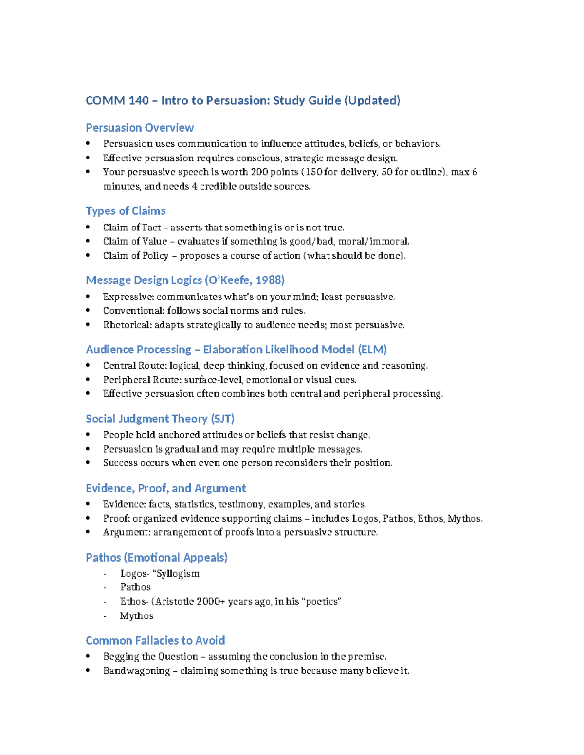 COMM 140 – Intro to Persuasion: Detailed Study Guide - Studocu