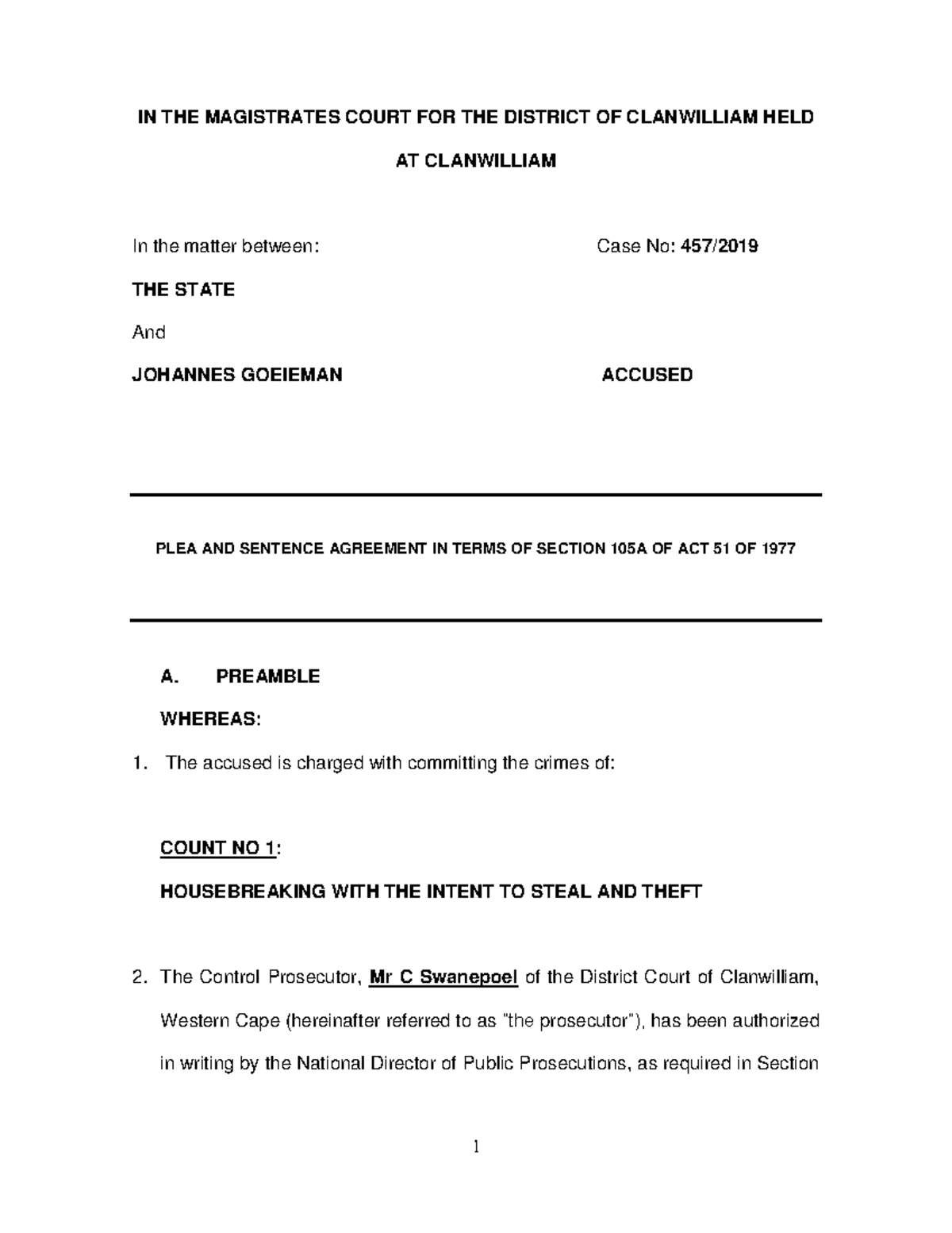 Plea and Sentence Agreement - Case No: S105A - State vs. Goeieman - Studocu