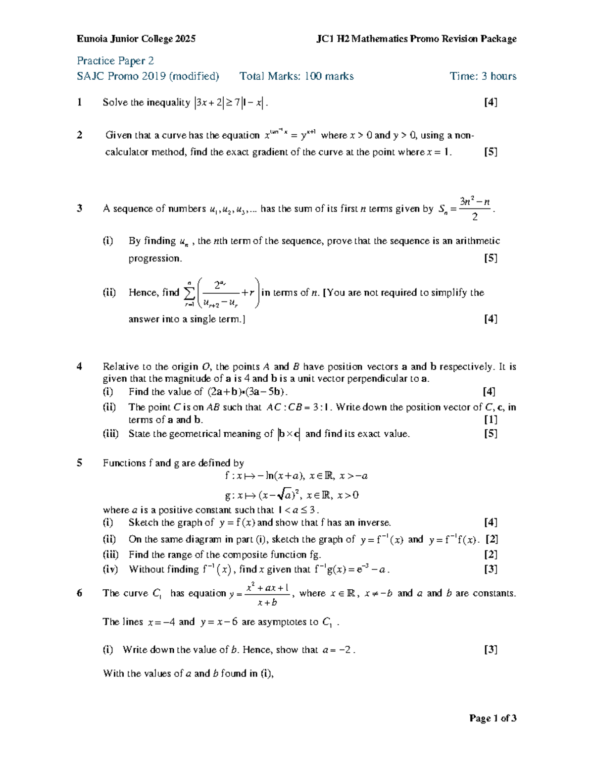 Practice Paper 2 (SA) JC1 H2 Mathematics Promo Revision 2025 - Studocu