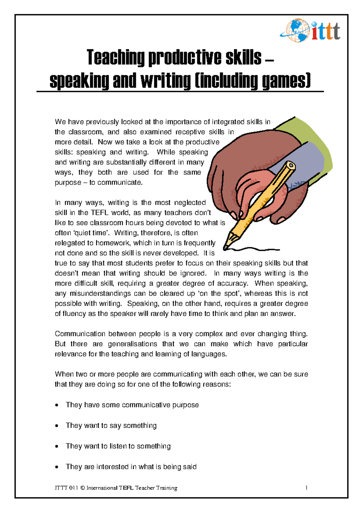 Teaching Productive Skills: Speaking & Writing in TEFL - Studocu